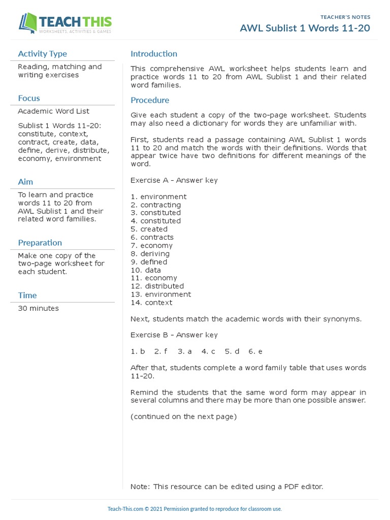 AWL Sublist 1 Words 11-20 Worksheet | PDF | Word | Noun