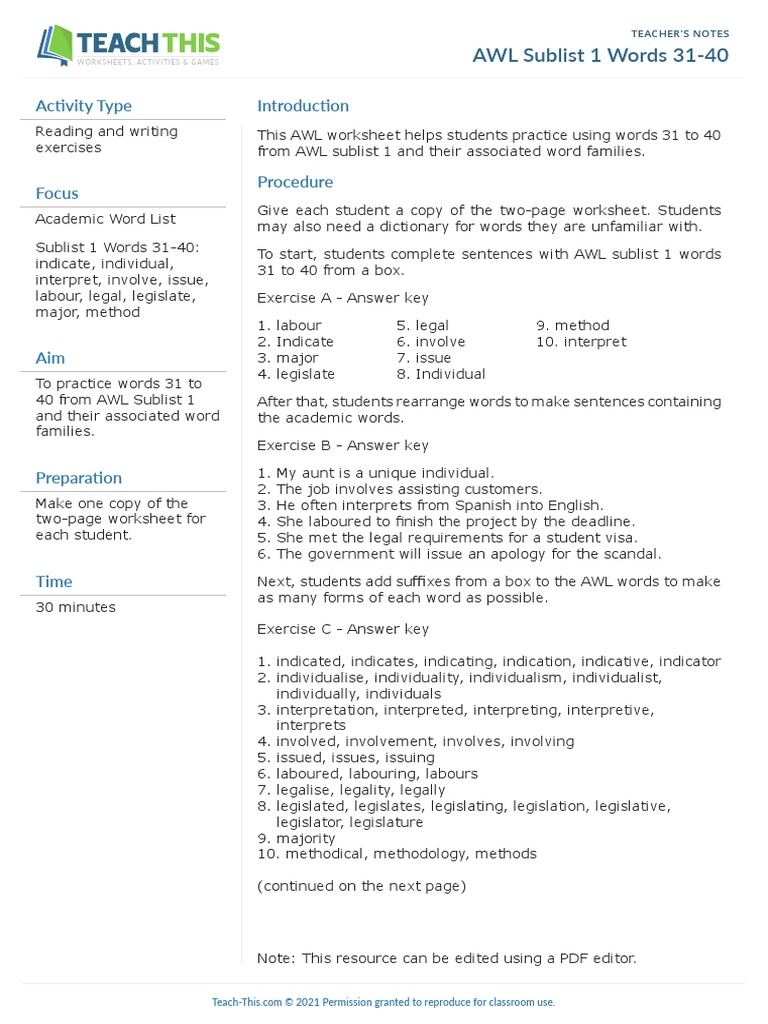 AWL Sublist 1 Words 31-40 Worksheet | PDF | Cognition
