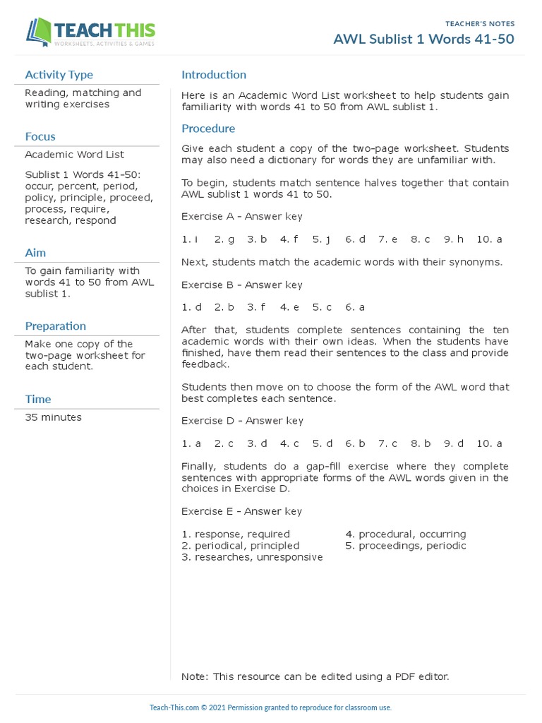 AWL Sublist 1 Words 41-50 Worksheet | PDF | Cognition