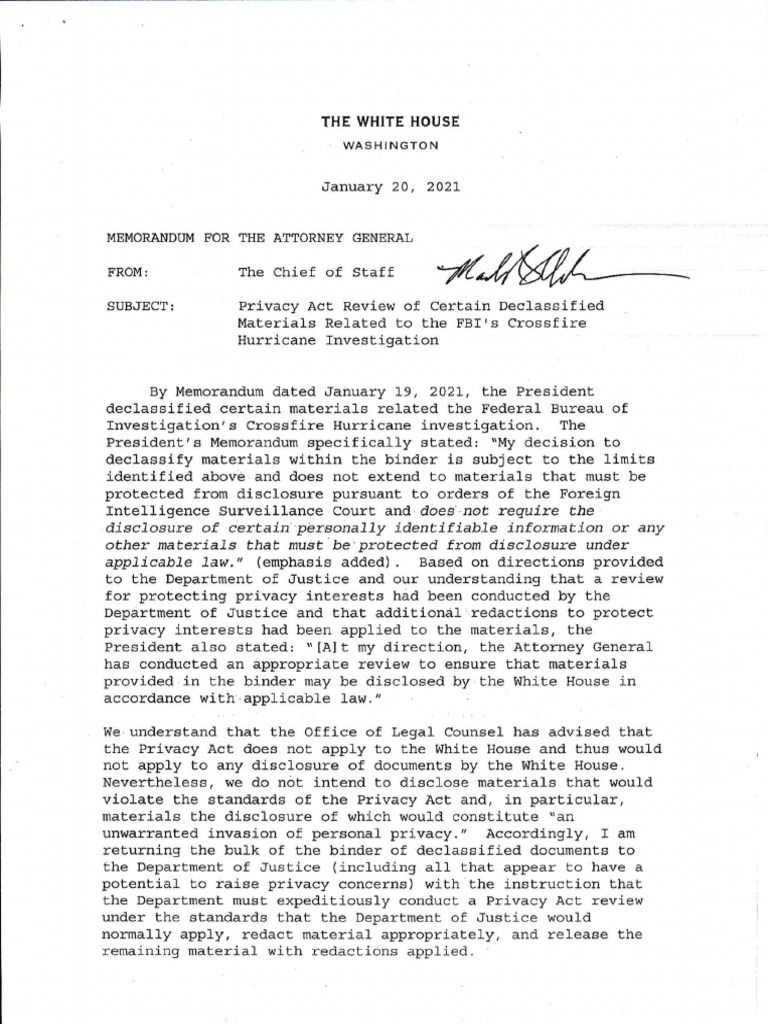 Meadows Memo To AG Re Declassification of FBI Binder.01.20.2021 | PDF