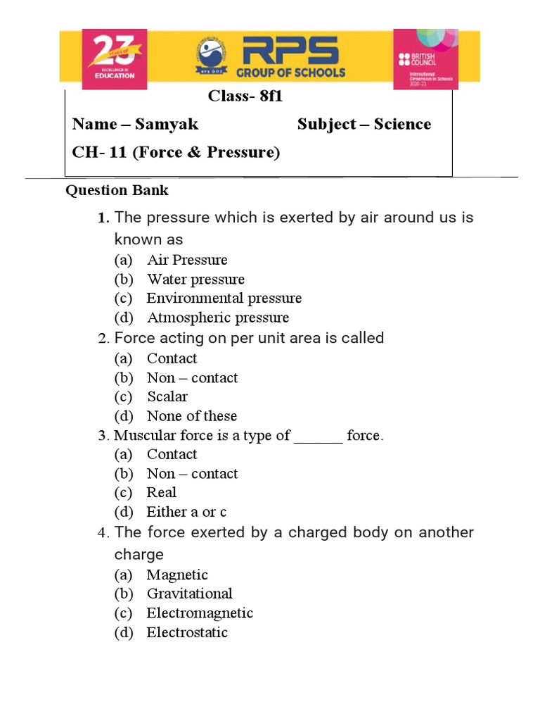 Question Bank Class 8 Science Force & Pressure | PDF | Force | Pressure