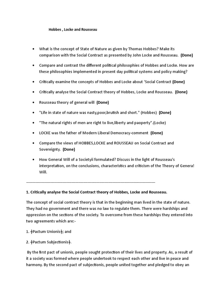 Hobbes, Locke and Rousseau | PDF | Social Contract | Sovereignty