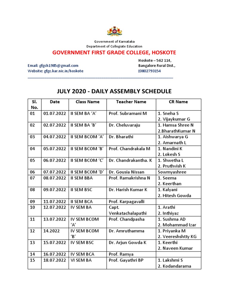 July 2022 Daily Assembly Schedule for Various Degree Programs at ...