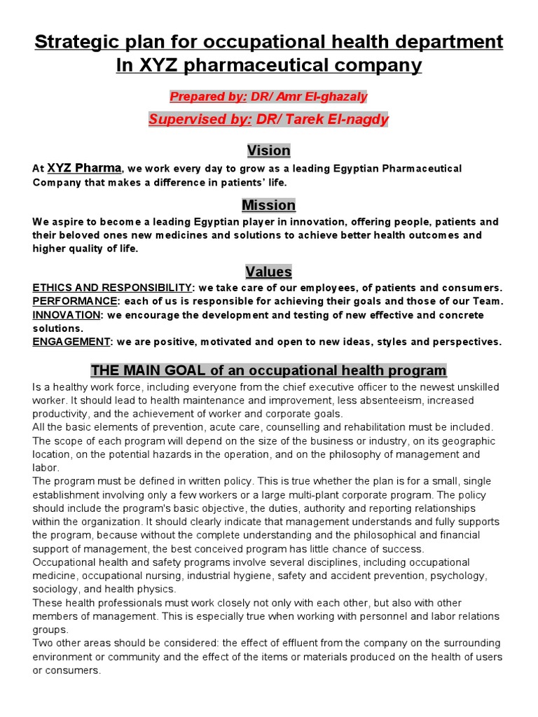 Strategic Plan For Occupational Health Department in XYZ Pharmaceutical ...