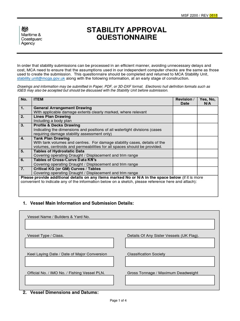 Stability Approval Questionnaire: Stability - Unit@mcga - Gov.uk | PDF ...