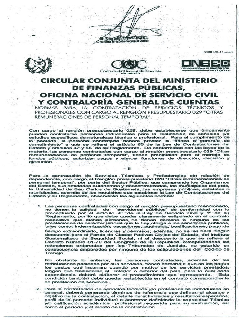 Circular Conjunta Del Ministerio de Finanzas Publicas, Onsec y Contraloria General. | PDF
