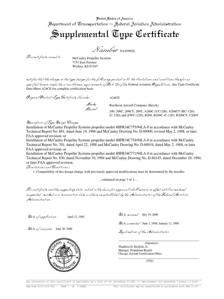 Supplemental Type Certificate: Number | PDF | Federal Aviation ...