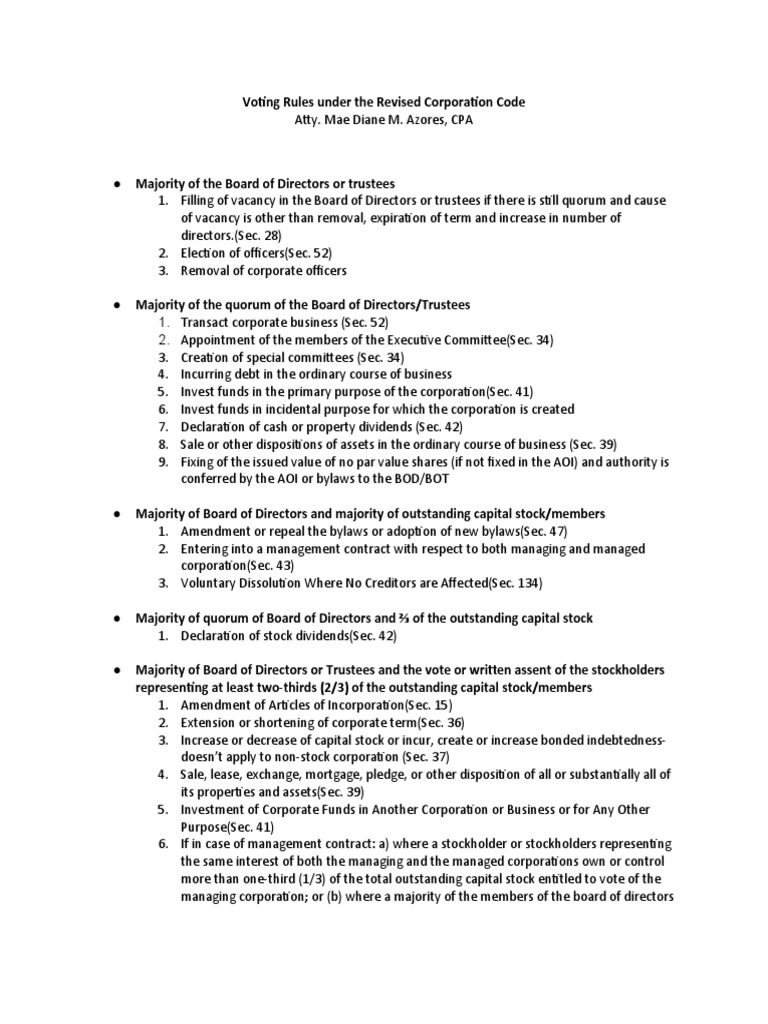 Voting Rules Under The Revised Corporation Code | PDF | Corporations ...