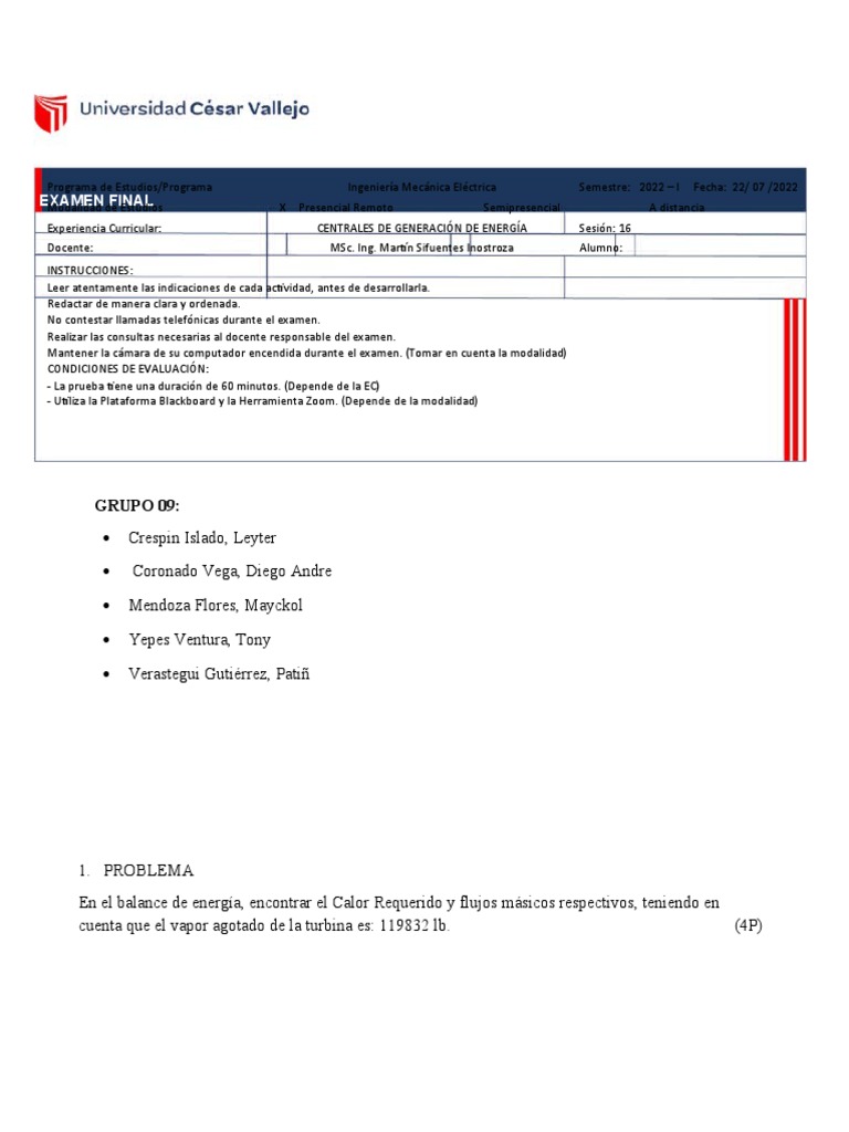 Examen Final - C.G.E. 2022-I | PDF | Vapor | Agua Examen Final - C.G.E. 2022-I | PDF | Vapor | Agua