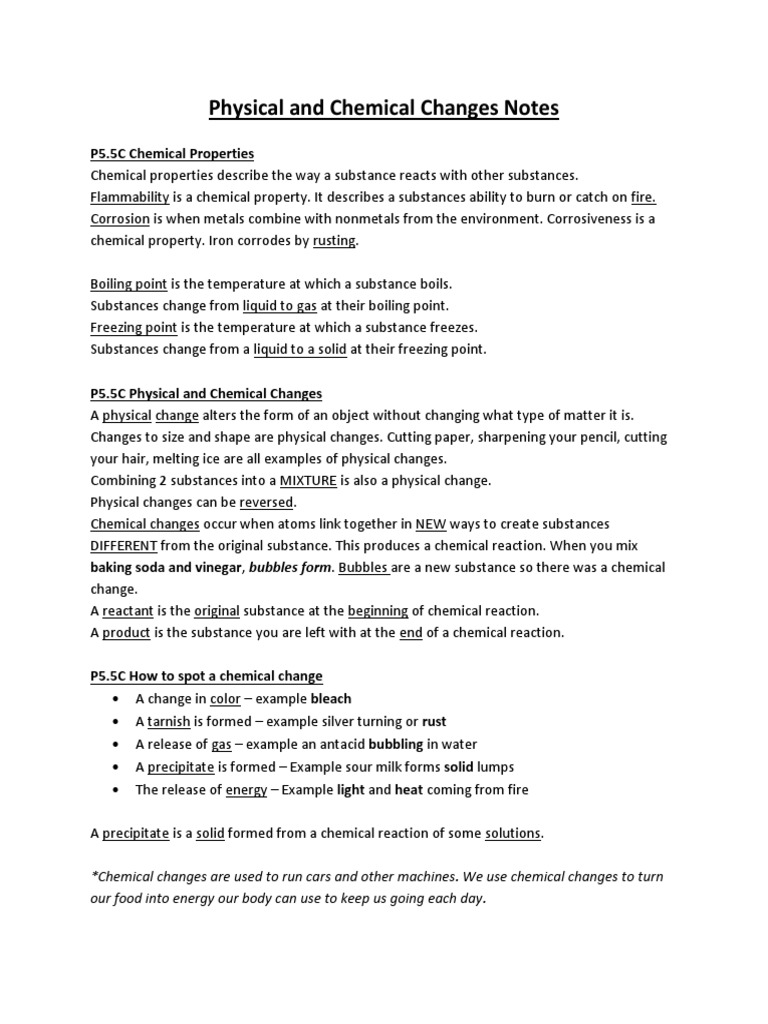 Chemical and Physical Changes NOTES | PDF | Chemical Substances ...