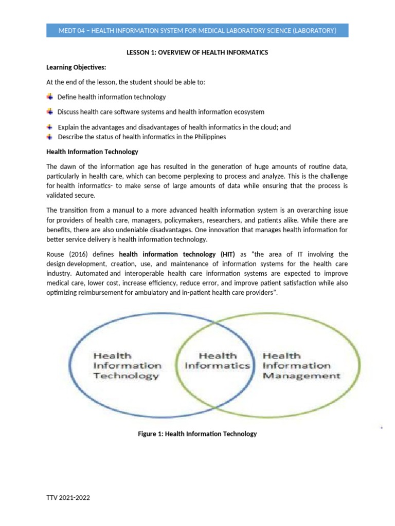 Lesson 1 Overview of Health Informatics | PDF | Health Informatics ...