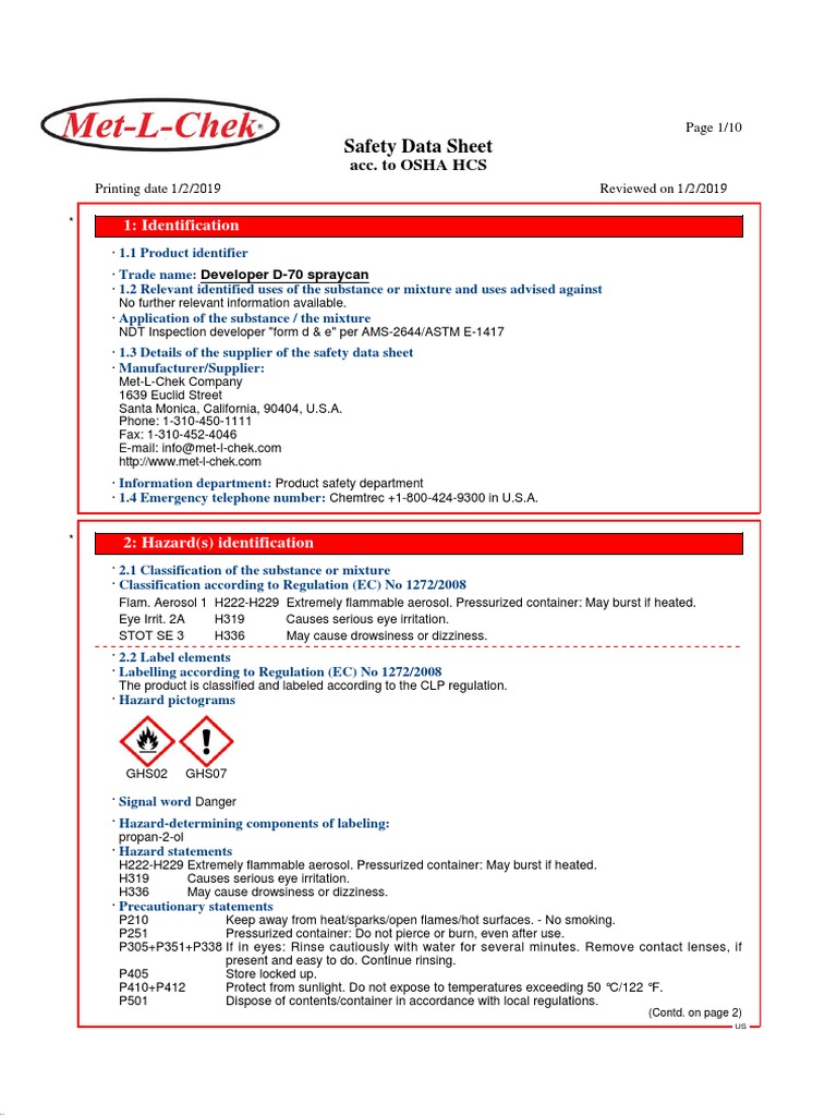 Safety Data Sheet: 1: Identification | PDF | Dangerous Goods | Toxicity