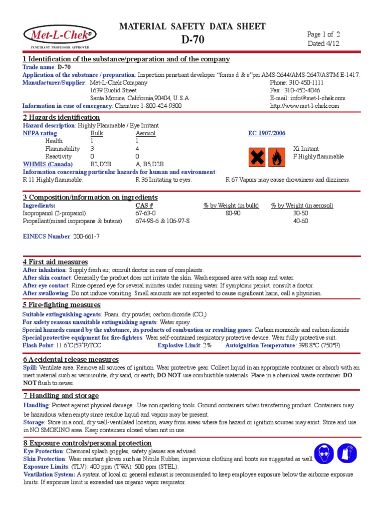 Met-L-Chek: Material Safety Data Sheet | PDF | Personal Protective ...