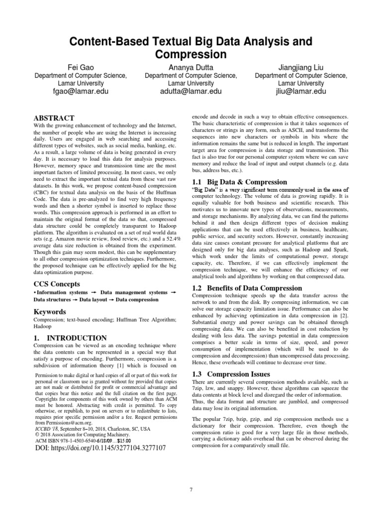 Content-Based Textual Big Data Analysis and Compression: Fei Gao Ananya ...