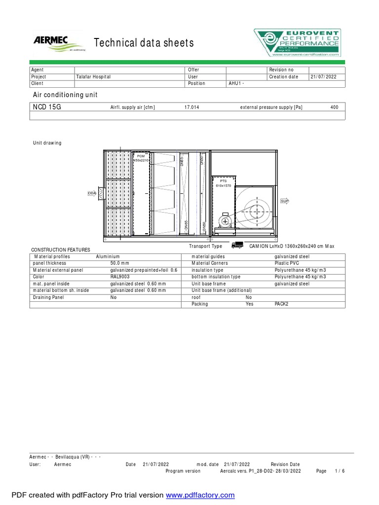 Technical Data Sheets: Air Conditioning Unit NCD 15G | PDF | Humidity ...
