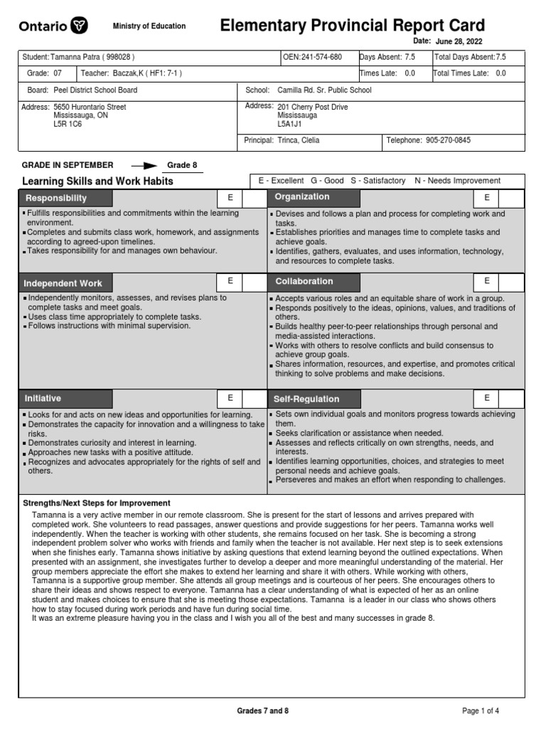 Elementary Provincial Report Card: Learning Skills and Work Habits ...