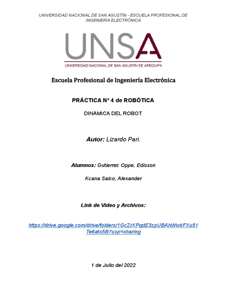 Lab4 Robótica Gutiérrezoppe Kcanasaico | PDF | Dinámica (Mecánica) | Vector Euclidiano