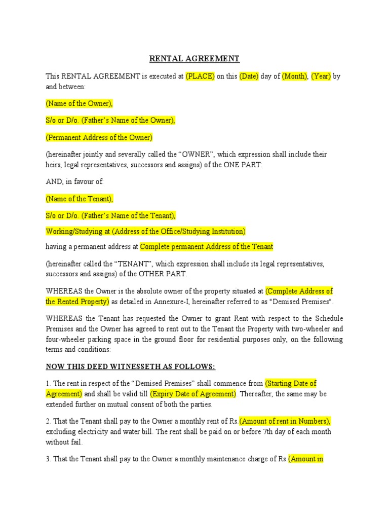 Rental Agreement: Now This Deed Witnesseth As Follows | PDF | Leasehold ...