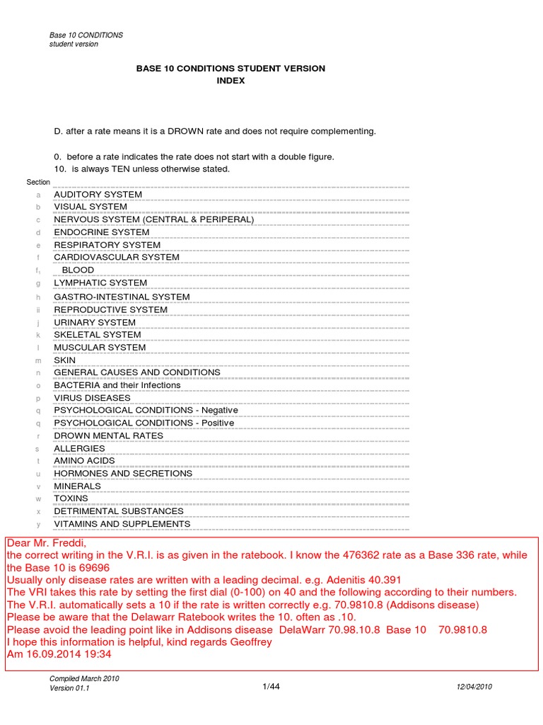 RADIONIC ASSOC - Base 10 Patologie Conditions | PDF | Diseases And ...