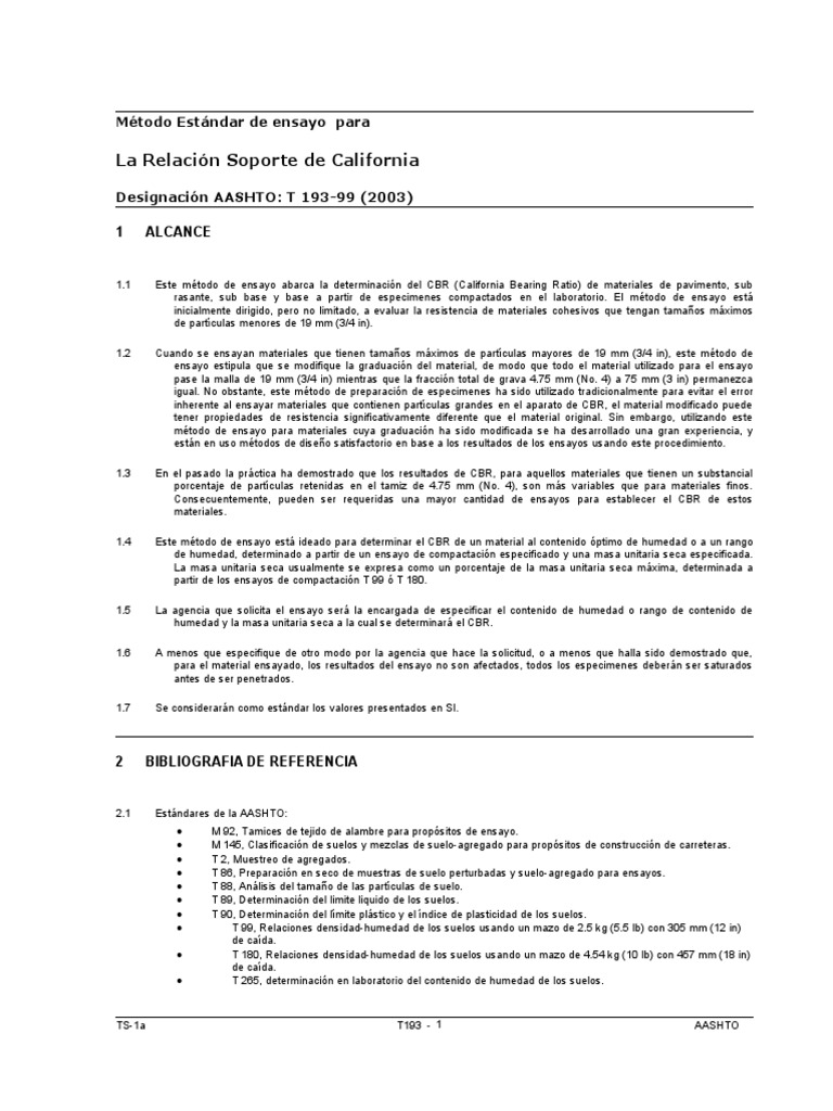 AASHTO T 193 Método Estándar para CBR | PDF | Densidad | Agua