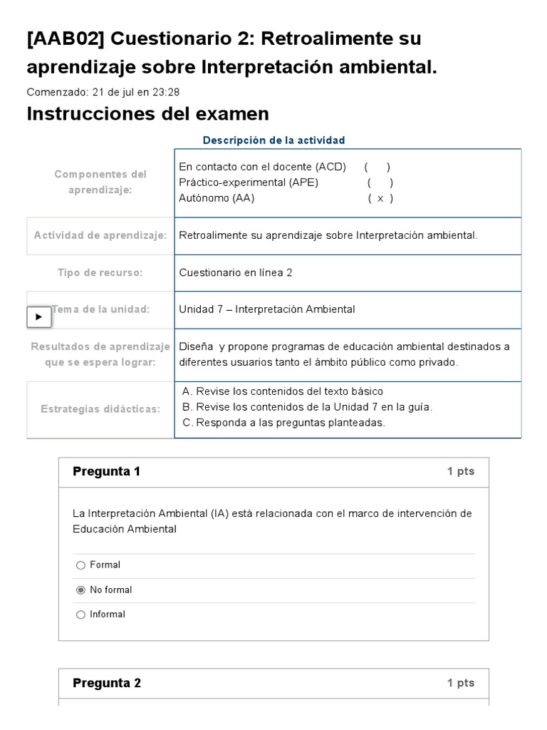 Examen - (AAB02) Cuestionario 2 - Retroalimente Su Aprendizaje Sobre Interpretación Ambiental ...