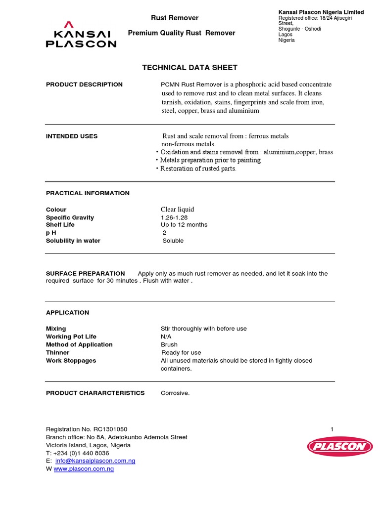 Technical Data Sheet: Rust Remover Premium Quality Rust Remover | PDF ...
