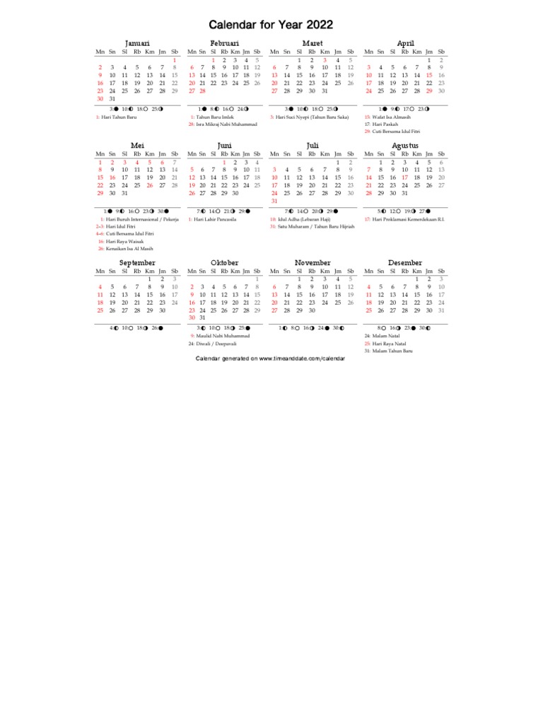 Year 2022 Calendar - Indonesia | PDF