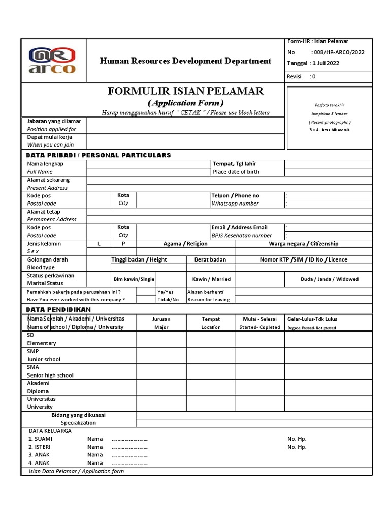 Form-HRD 008 - Isian Pelamar | PDF