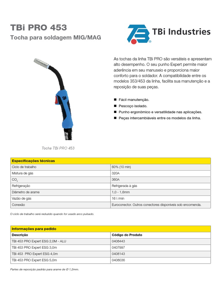 Tocha MIG/MAG TBi PRO 453 Especificações | PDF