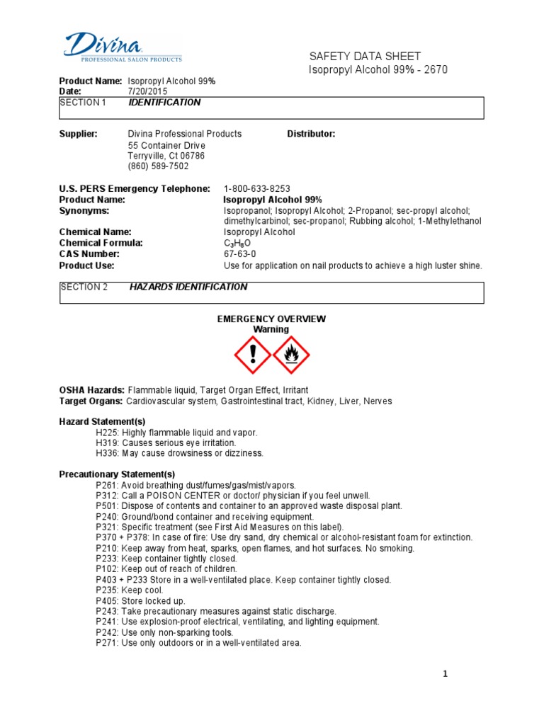 Safety Data Sheet Isopropyl Alcohol 99% - 2670 | PDF | Solubility | Ethanol
