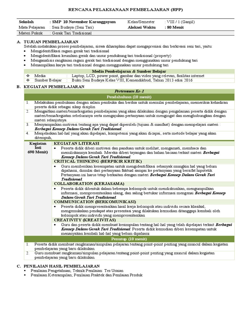 RPP I SB (Tari) Kelas 8 SEM 1 | PDF