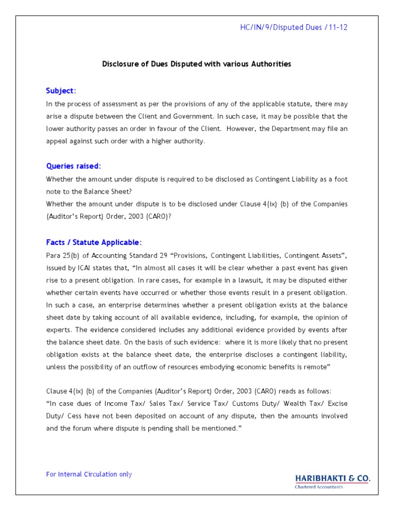 Internal Note on Disclosure of Dues Disputed With Various Authorities ...