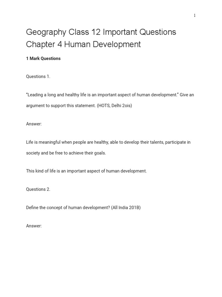 Geography Class 12 Important Questions Chapter 4 Human Development | PDF | Economies ...