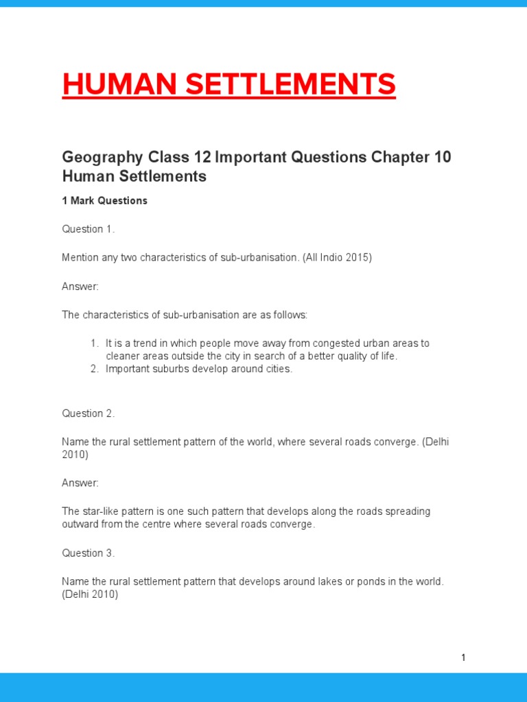 Geography Class 12 Important Questions Chapter 10 Human Settlements ...