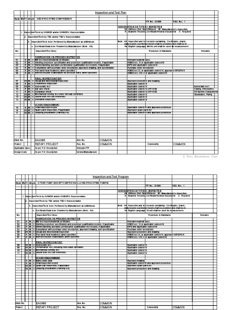 Inspection and Test Plan: Fabrication / In-Process Inspection ...