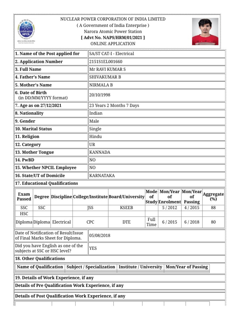 NPCIL Recruitment Portal - Print Application Form | PDF