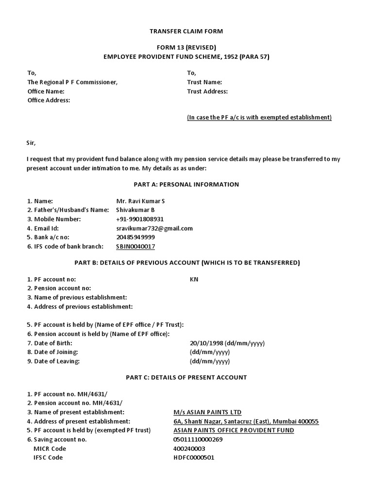 Transfer Claim Form Form 13 (Revised) Employee Provident Fund Scheme ...
