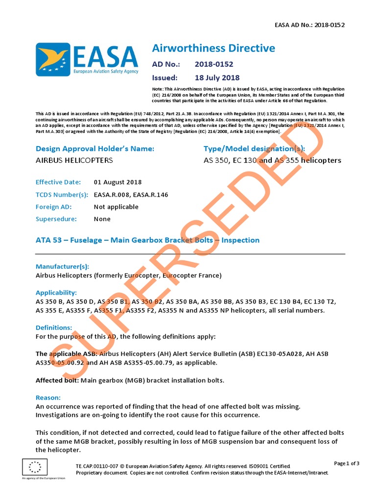 Superseded: Airworthiness Directive | PDF | Aviation
