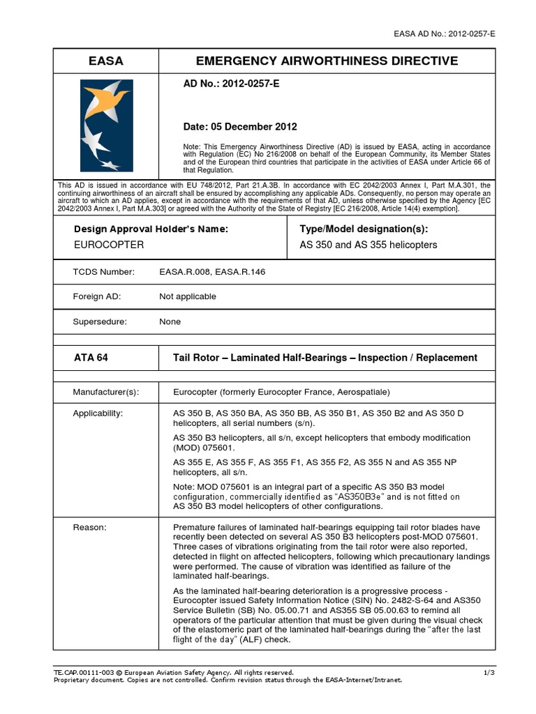 Easa Emergency Airworthiness Directive: AD No.: 2012-0257-E | PDF ...