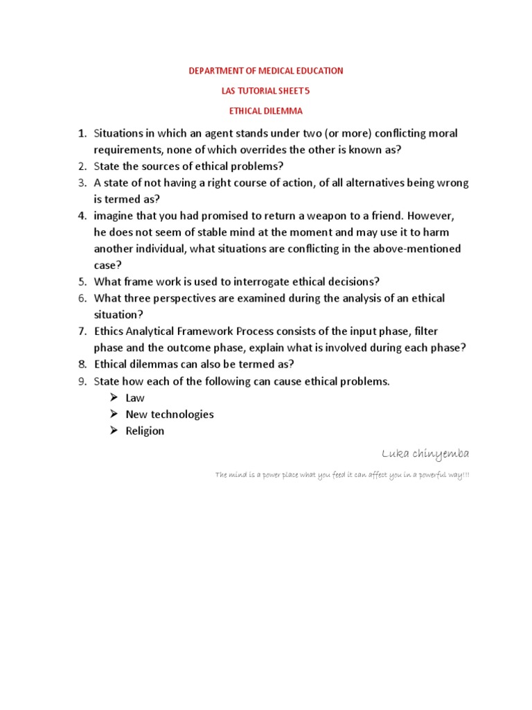LAS DME TUTORIAL SHEET. 4 Ethical Dilemmas | PDF | Self-Improvement ...