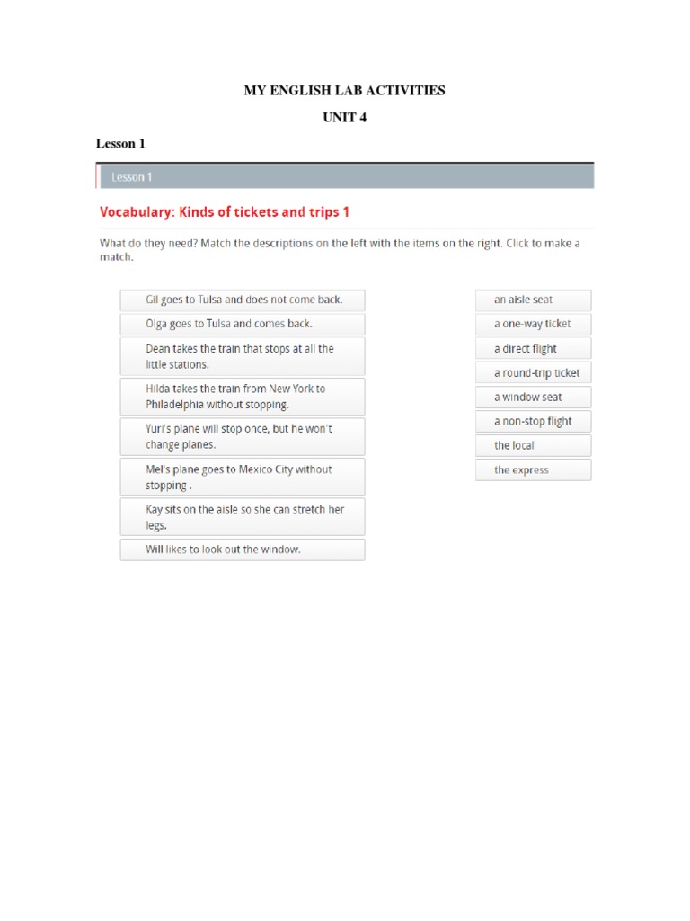 My English Lab Activities Unit 4 | PDF
