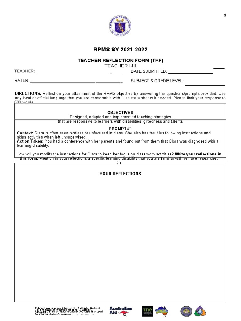 RPMS SY 2021-2022: Teacher Reflection Form (TRF) | PDF | Intellectual ...