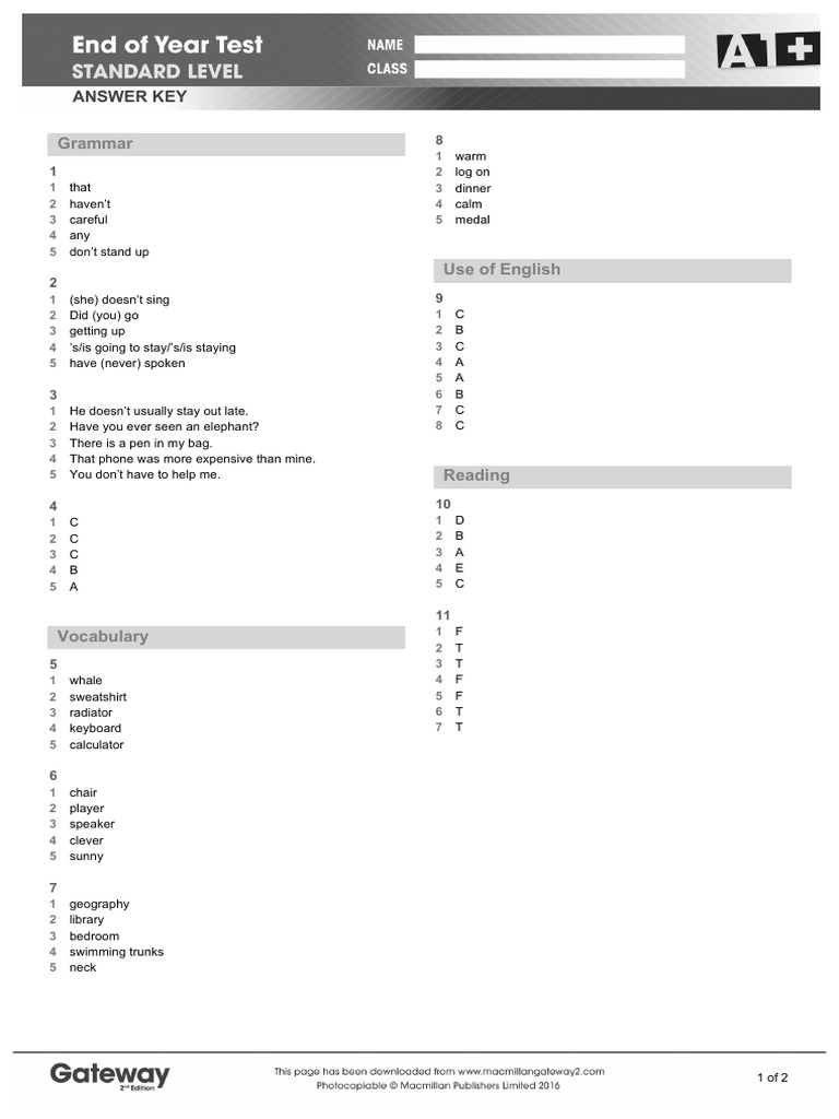 A1+ End of Year Test Answer Key Standard | PDF | Vocabulary | Communication
