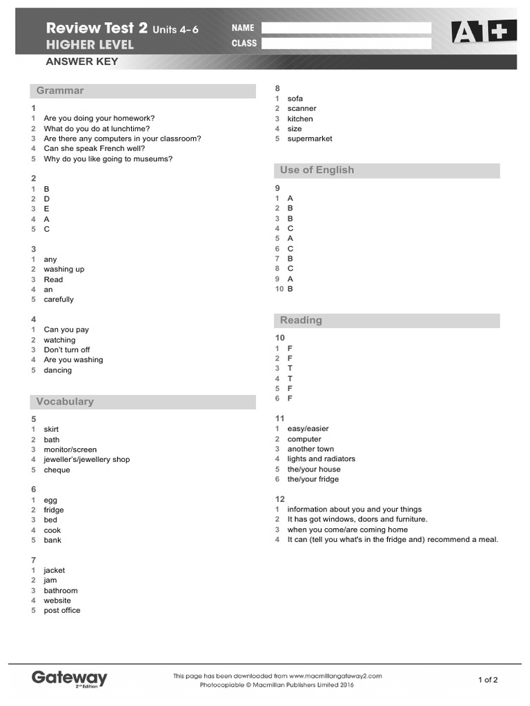 A1+ Review Test 2 Answer Key Higher | PDF | Vocabulary | Cognitive Science
