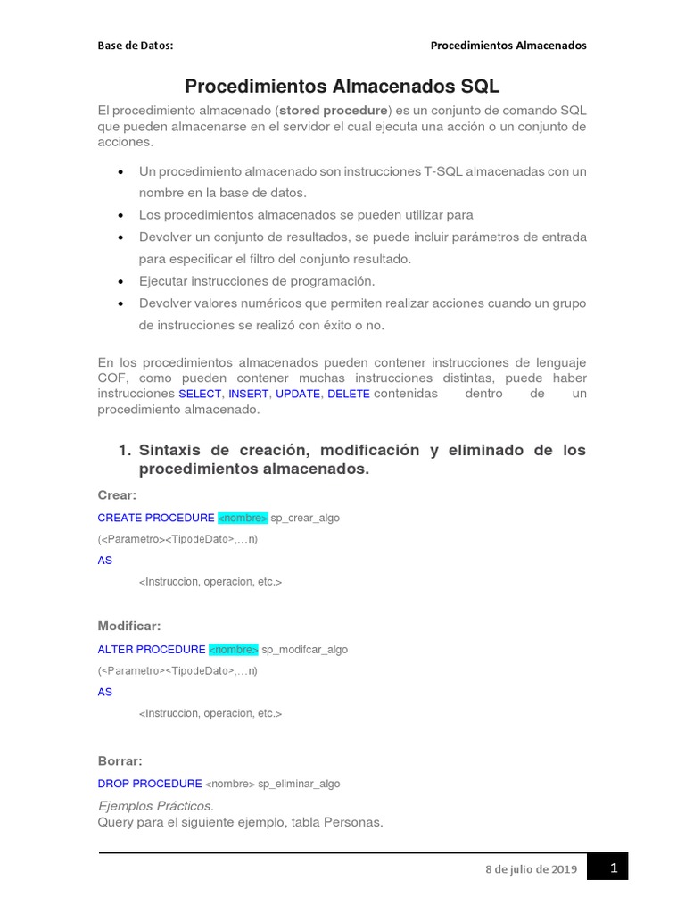 Procedimientos Almacenados SQL | PDF | SQL | Desarrollo de software
