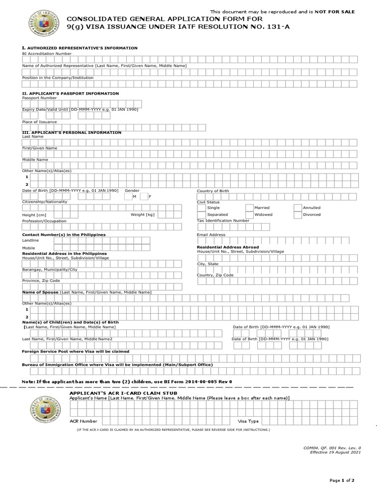 Consolidated General Application Form For 9 (G) Visa Issuance Under ...