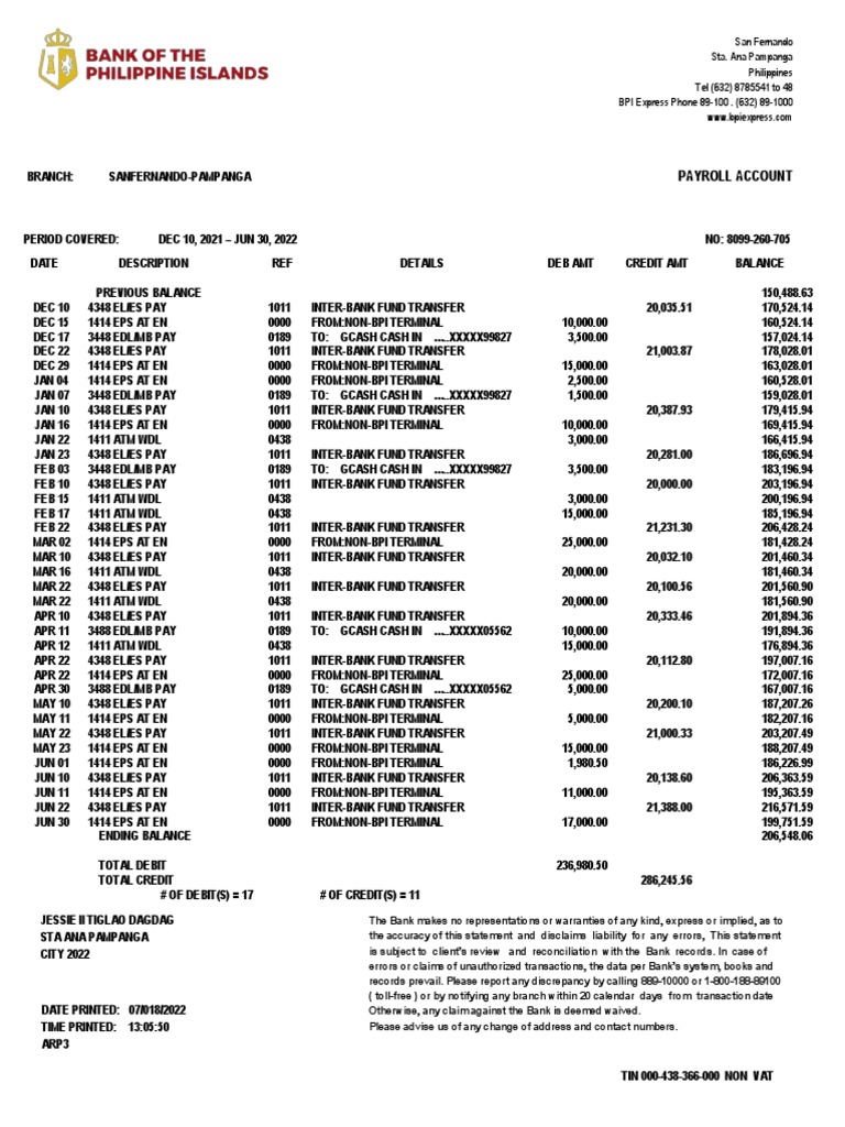Bpi Bank Statement | PDF | Debit Card | Banks