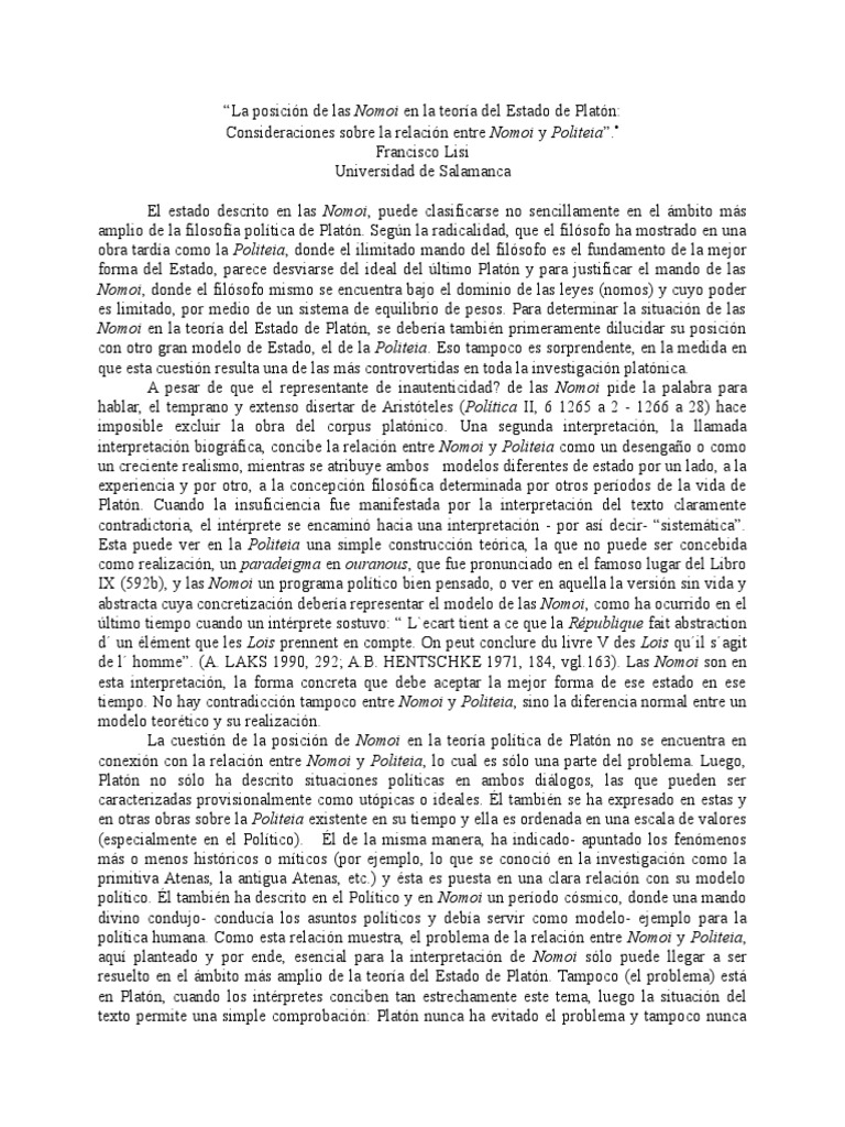 Lisi Sobre Nomoi en Platon | PDF | Platón | Estado (política)