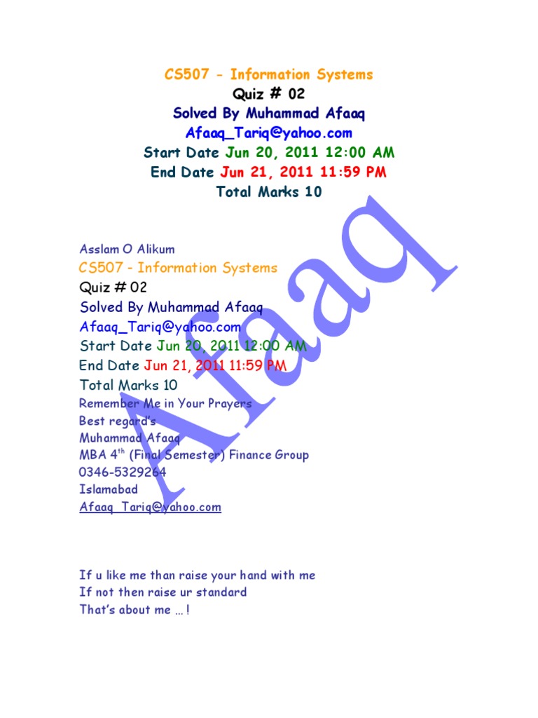 CS507 Quiz Solved By Muhammad Afaaq | PDF | Object (Computer Science) | Computer Security