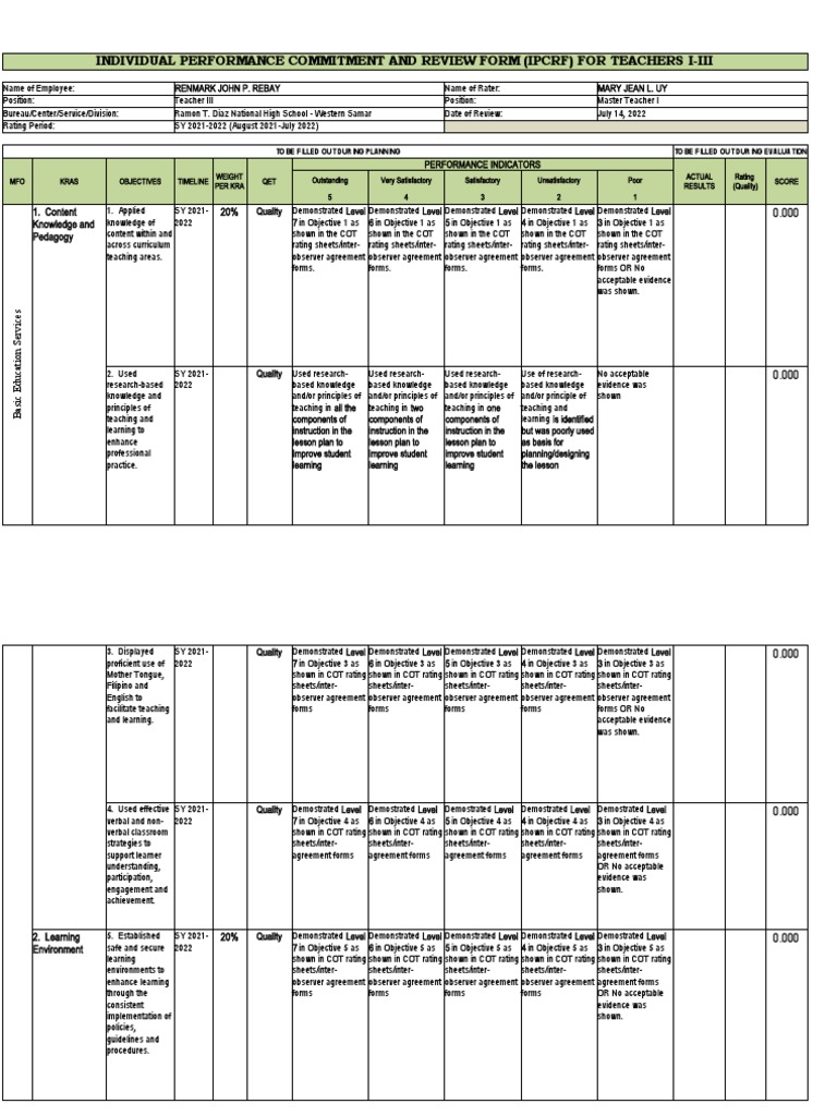 Individual Performance Commitment and Review Form (Ipcrf) For Teachers ...